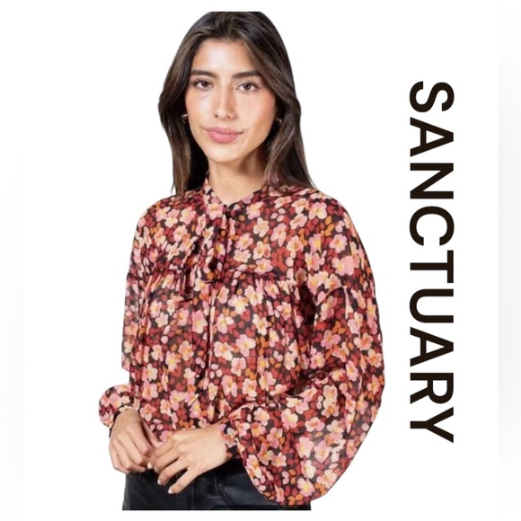 Sanctuary | Tops | Sanctuary Sheer Floral Button Front Neck Tie Blouse ...
